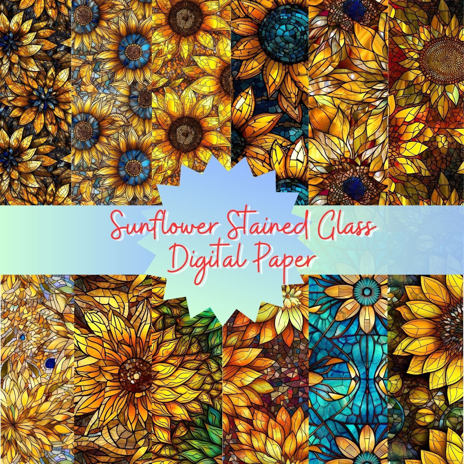 Sunflower Stained Glass Digital Papers - Instant Download - Commercial ...