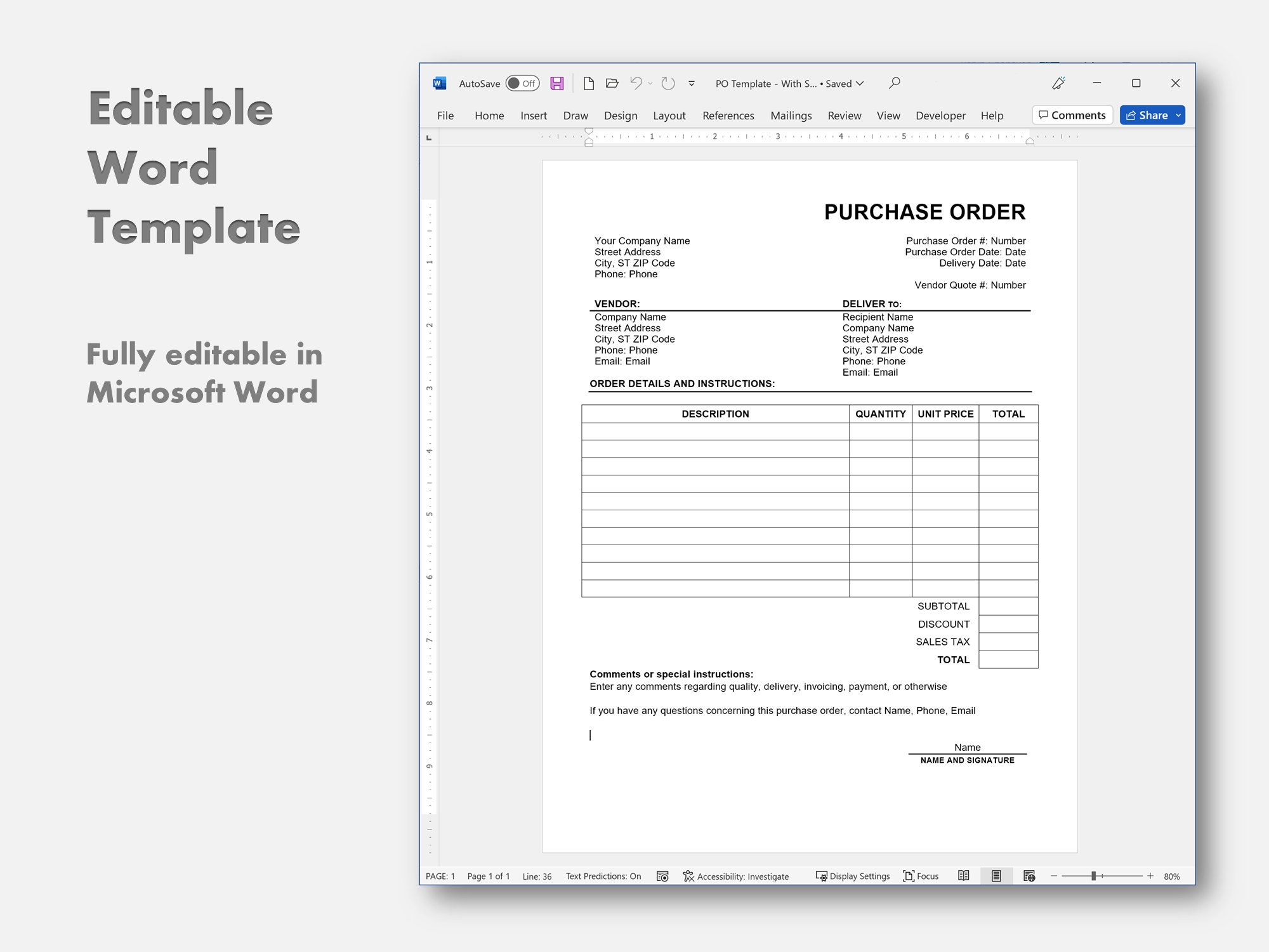 Purchase Order Form in PDF and Microsoft Word Editable Digital Download ...