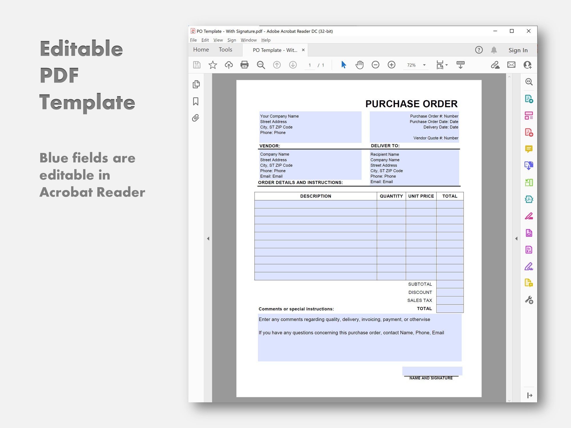 Purchase Order Form in PDF and Microsoft Word Editable Digital Download ...