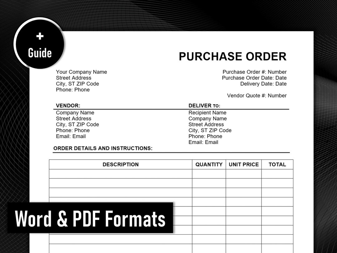 Purchase Order Form in PDF and Microsoft Word Editable Digital Download ...