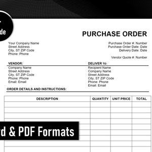 Purchase Order Form in PDF and Microsoft Word Editable Digital Download ...