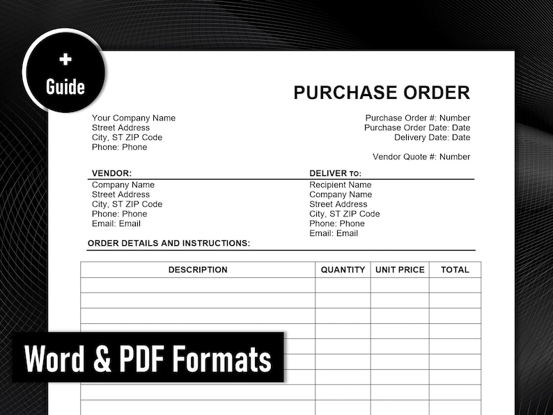 Purchase Order Form in PDF and Microsoft Word Editable Digital Download ...