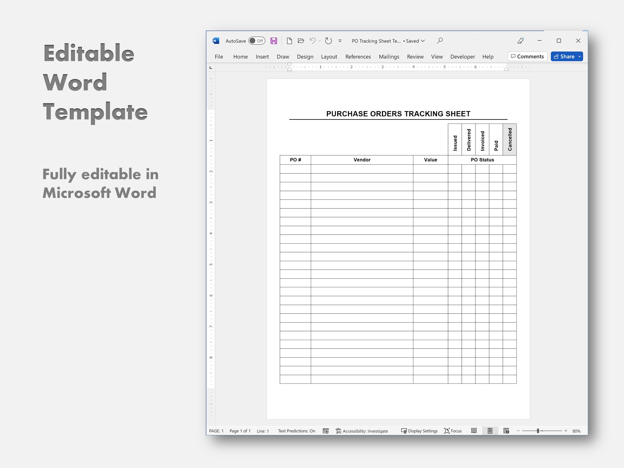 Purchase Orders Tracking Sheet in PDF & Microsoft Word Editable Digital ...
