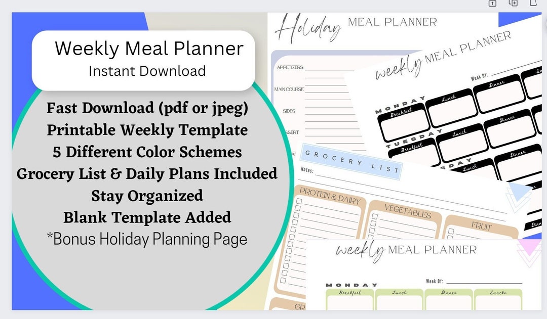 Digital Weekly Meal Planner With Grocery List Printable Meal Planner ...