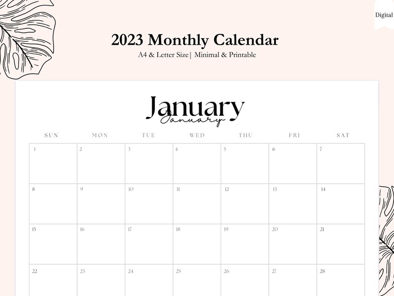 2023 Monthly Calendar Horizontal Printable Calendar Template A4 Letter ...