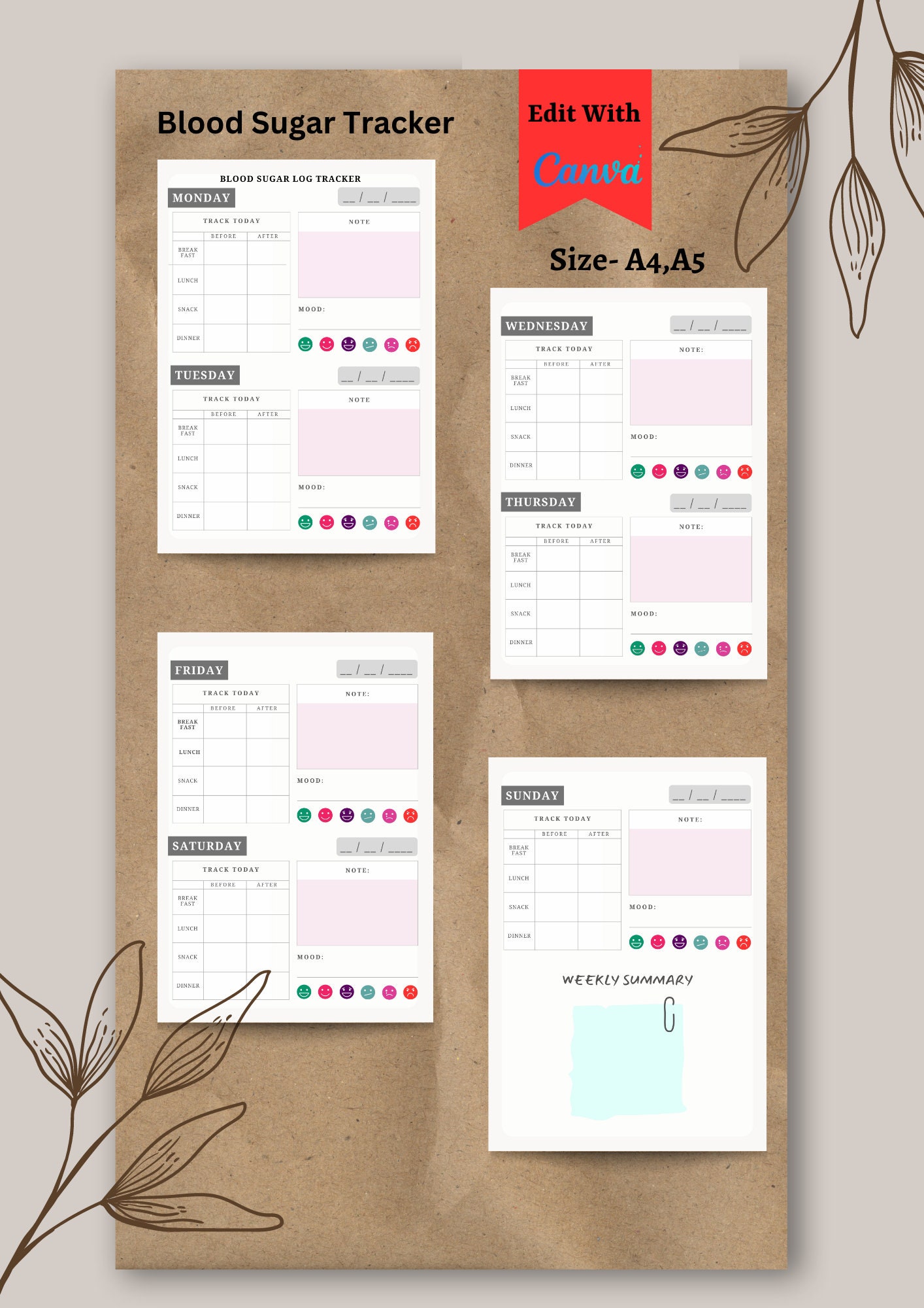 Blood Sugar Log Blood Glucose Journal Gestational Diabetes - Etsy
