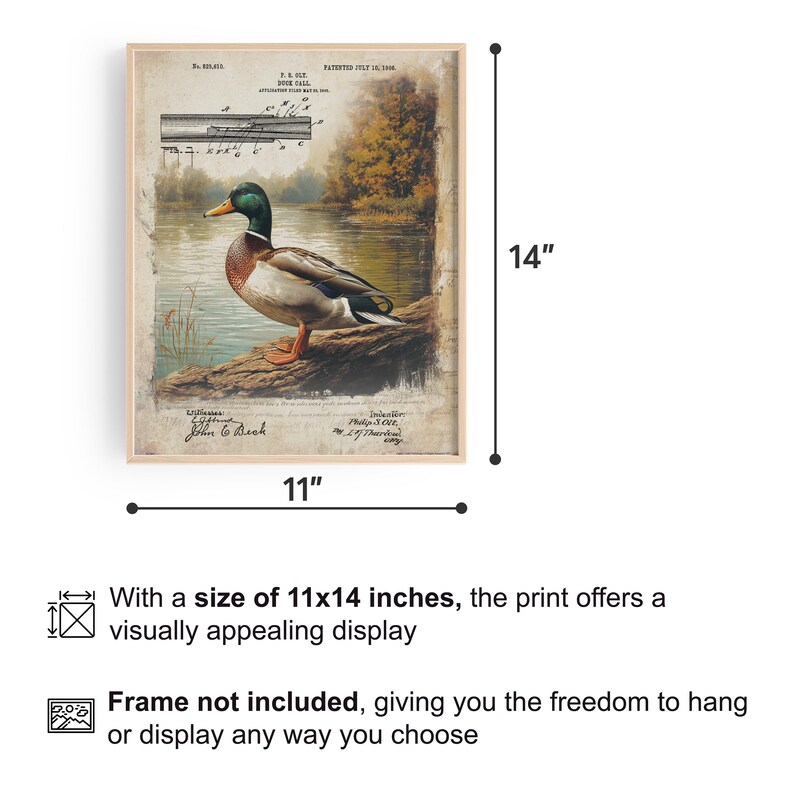 Vintage Duck Call Patent Art Print: Hunting Cabin Decor (11x14 Unframed ...