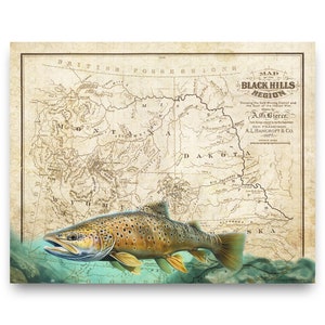 Vintage Black Hills Region Map Art Print 11X14 Unframed Brown Trout Fly ...