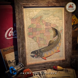 Vintage Wisconsin Map Art Print: Brook Trout, Fly Fishing (11x14 ...