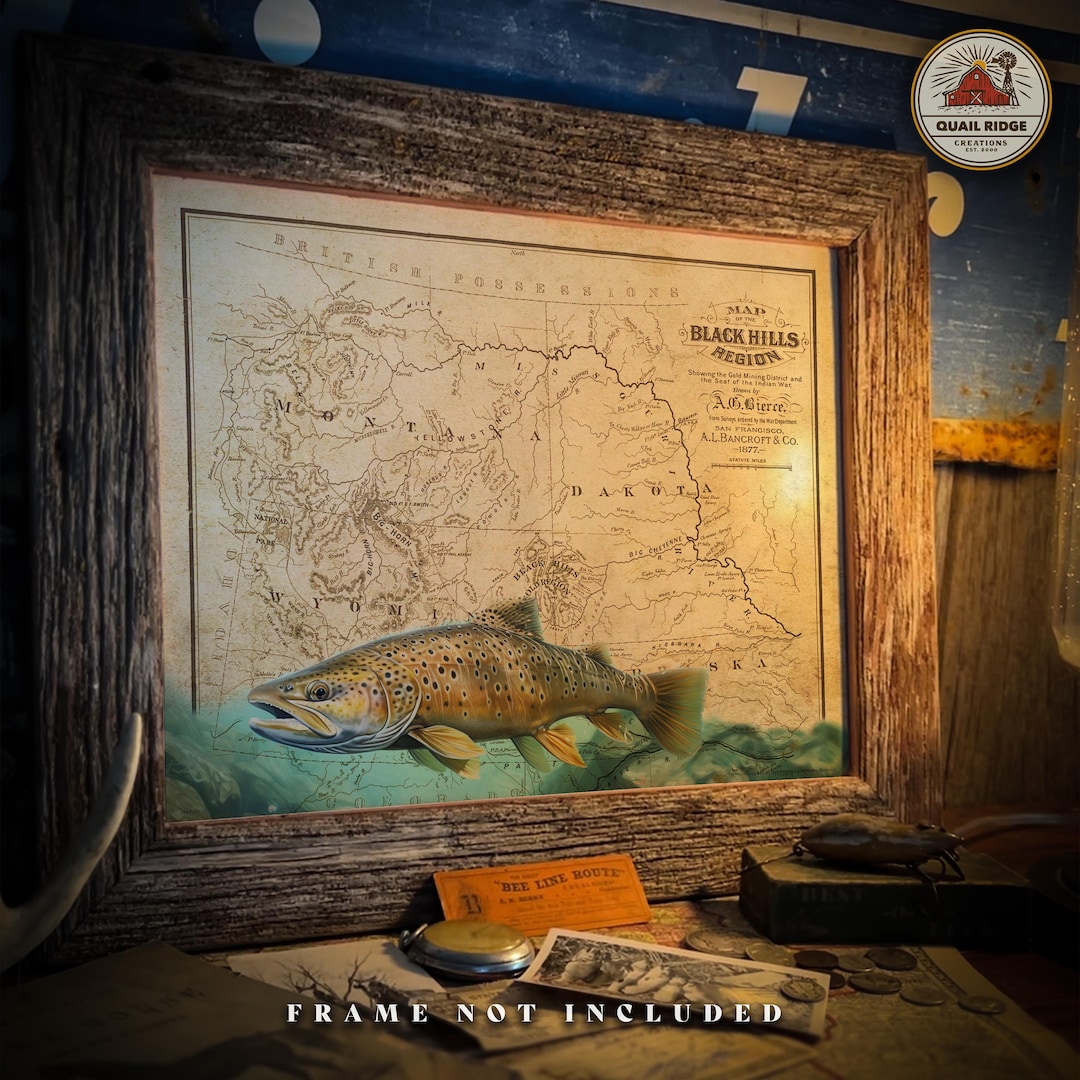 Vintage Black Hills Region Map Art Print 11X14 Unframed Brown Trout Fly ...