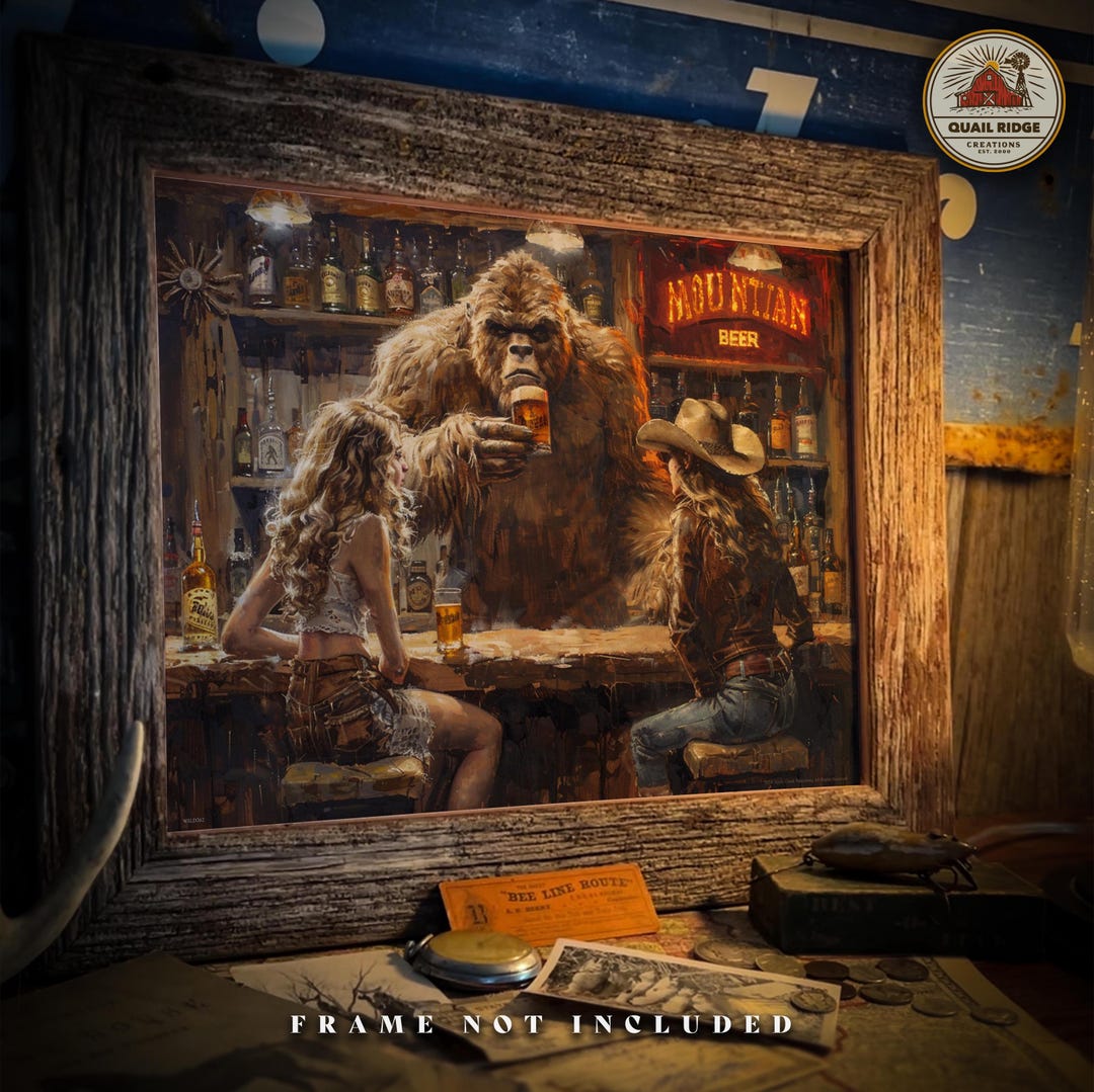 Sasquatch Art Print: Bigfoot Bartender, Cabin Bar Decor (11x14 Unframed ...