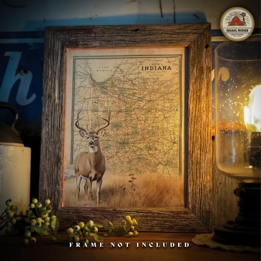 Vintage Indiana State Map Art Print 11X14 Unframed Wildlife Gift ...