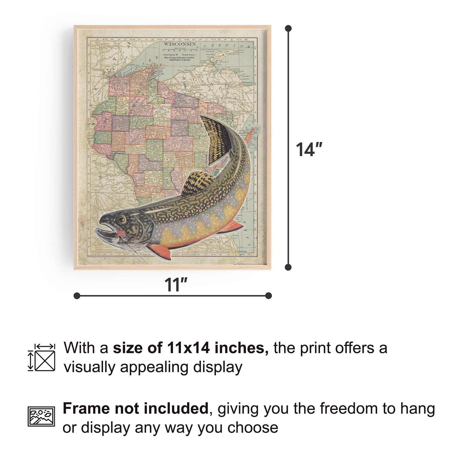 Vintage Wisconsin Map Art Print: Brook Trout, Fly Fishing (11x14 ...