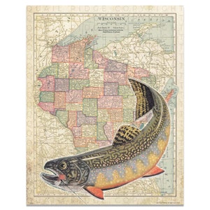 Vintage Wisconsin Map Art Print: Brook Trout, Fly Fishing (11x14 ...