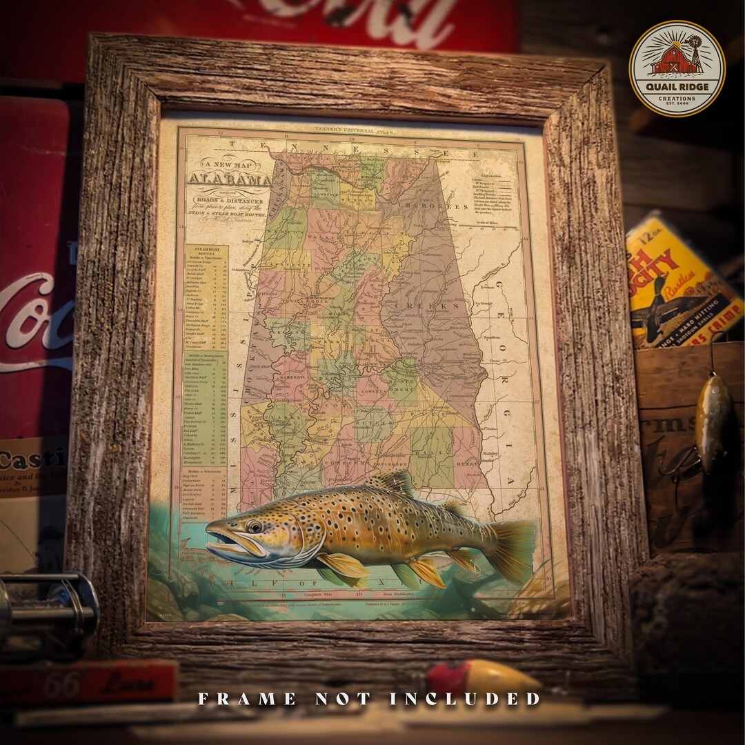 Vintage Alabama State Map Art Print 11X14 Unframed Brown Trout Fly ...