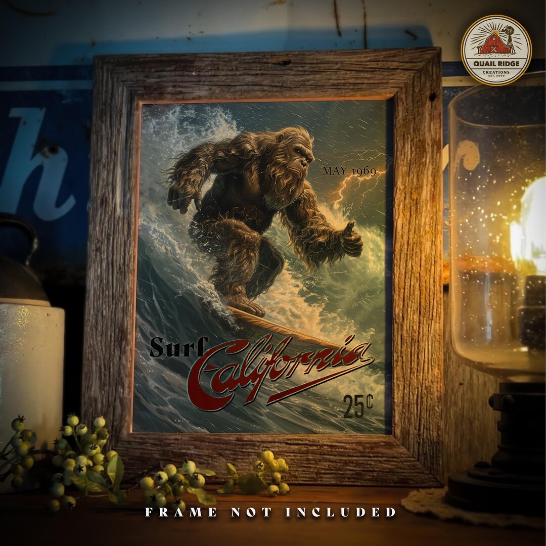 Vintage Sasquatch Surfing Art Print: California Surfboard Poster (11x14 ...
