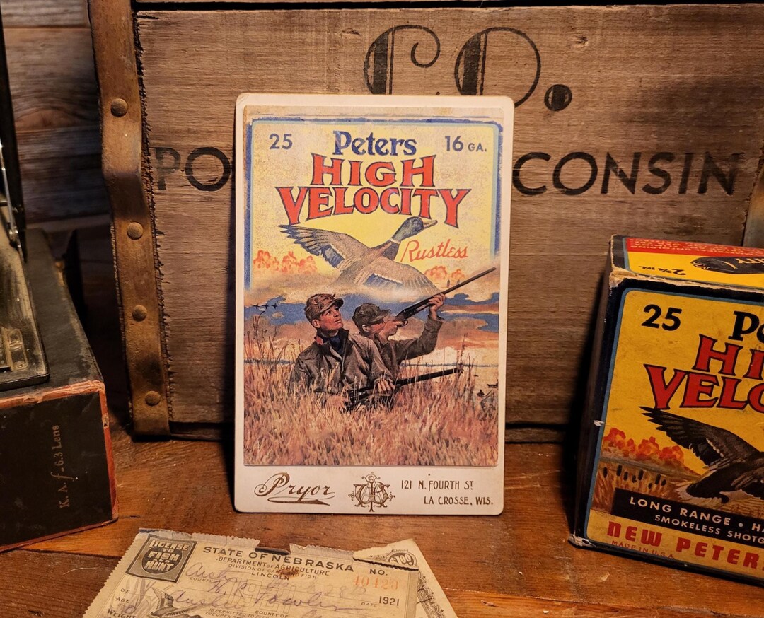 Vintage Peters Shotgun Shell Box Art Print on Antique Cabinet Card Duck ...