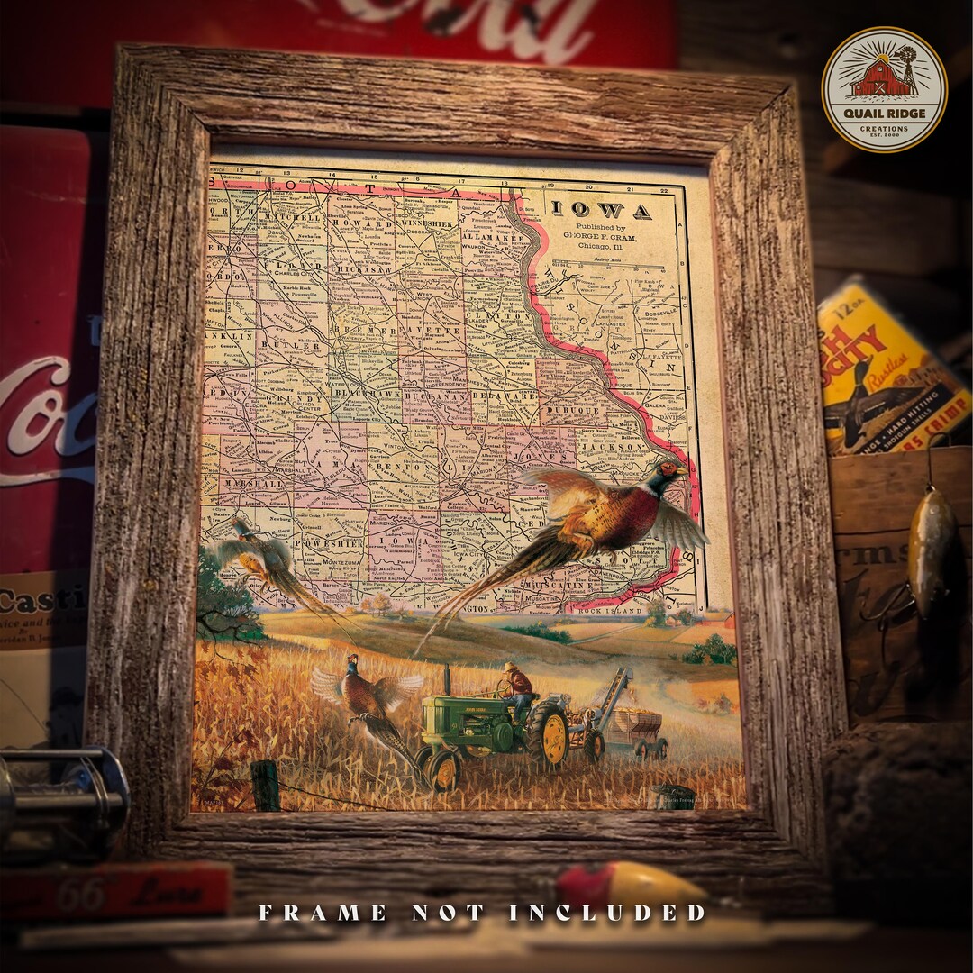 Vintage Iowa State Map Art Print 11X14 Unframed Pheasant Hunting John ...