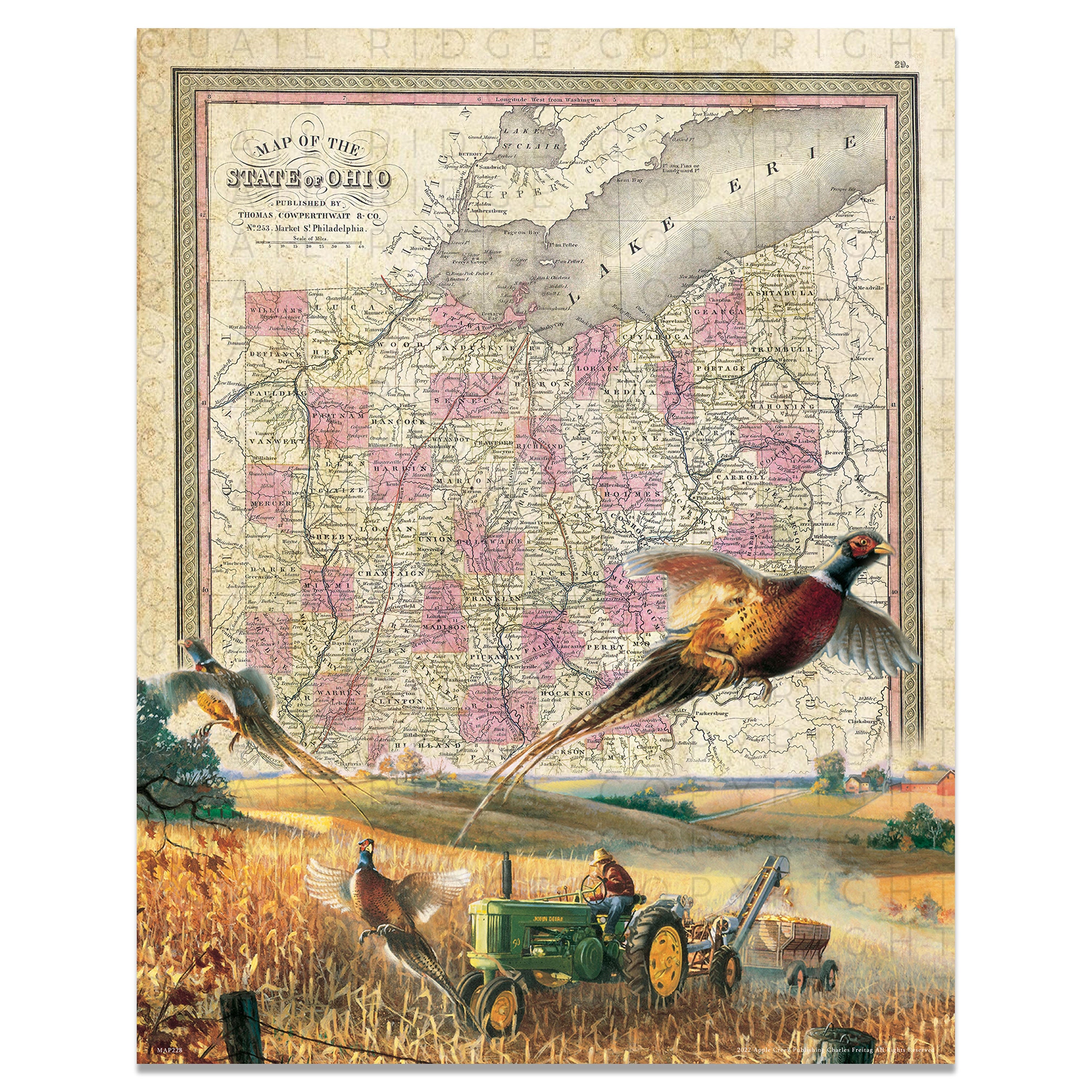 Vintage Ohio State Map Art Print: Pheasant Hunting, John Deere Tractor ...