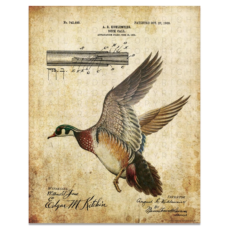 Vintage Duck Call Patent Art Print: Hunting Cabin Decor (11x14 Unframed ...