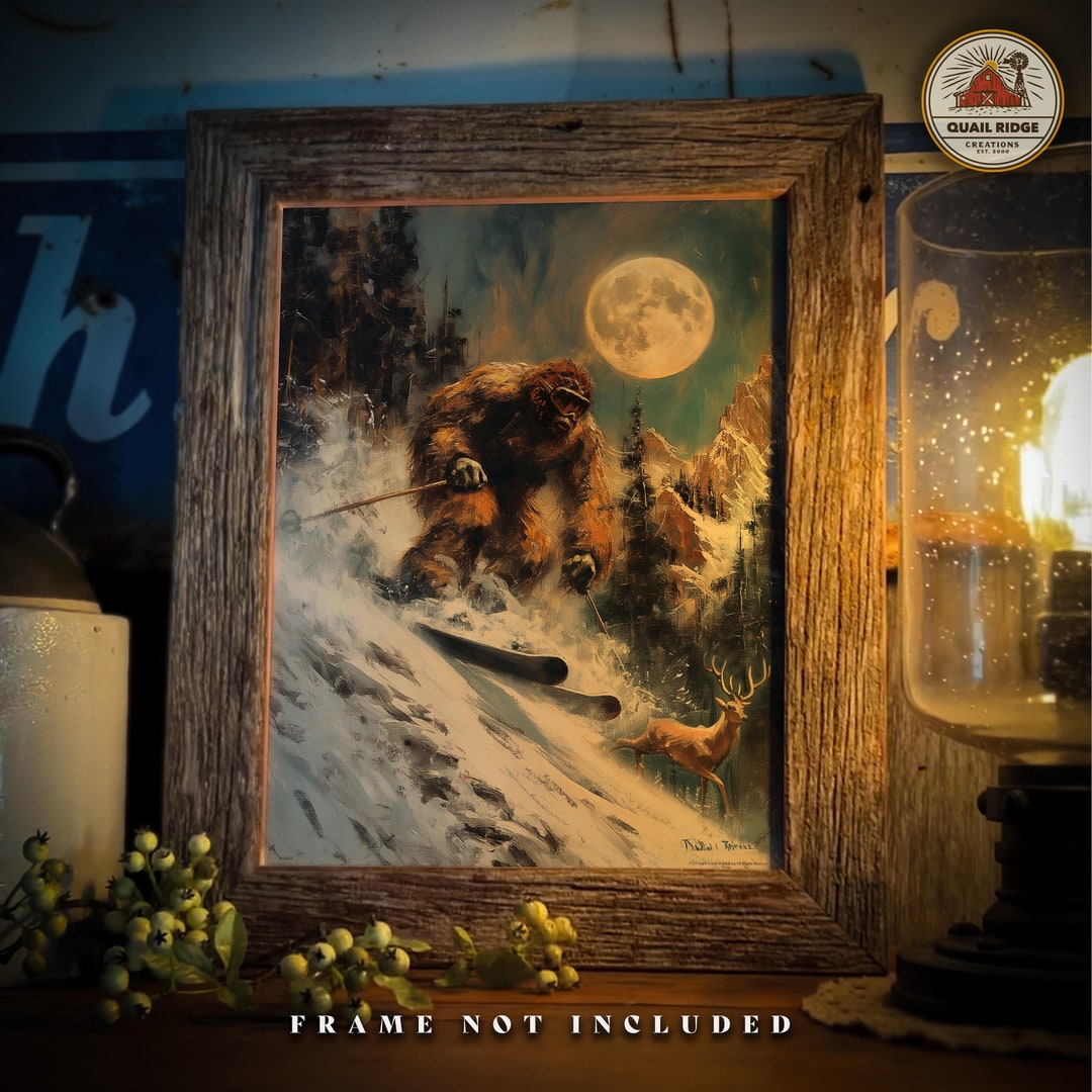 Sasquatch Skiing Art Print: Bigfoot in Snow, Cabin Wall Decor (11x14 ...