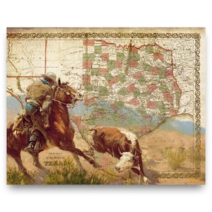 Vintage Texas State Map Poster Art Print 11X14 Unframed Cattle Rancher ...
