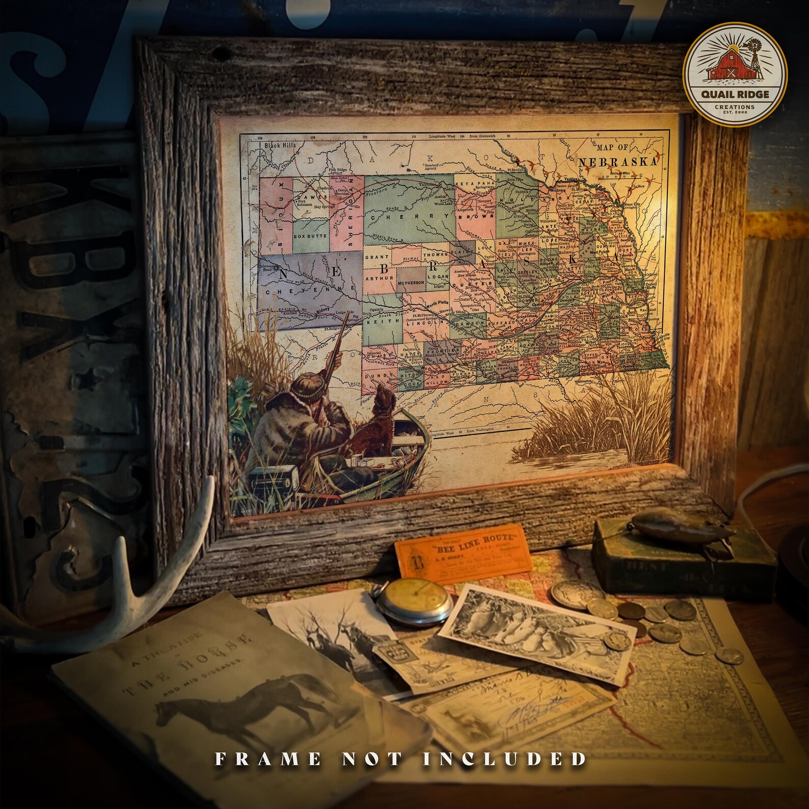Vintage Nebraska State Map Art Print: Hunting Dog Decor (11x14 Unframed ...