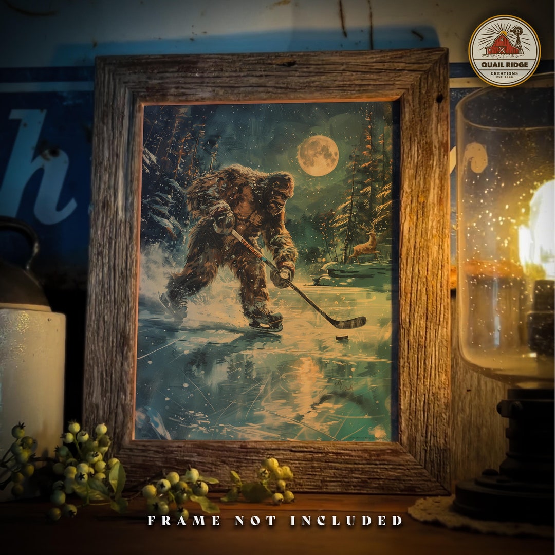 Vintage Bigfoot Hockey Art Print: Sasquatch Game Room Decor (11x14 ...