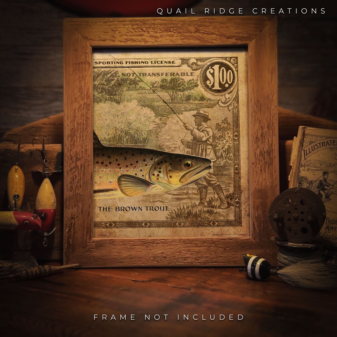 Vintage Brown Trout Fishing License Art Print: Cabin Wall Decor - Etsy
