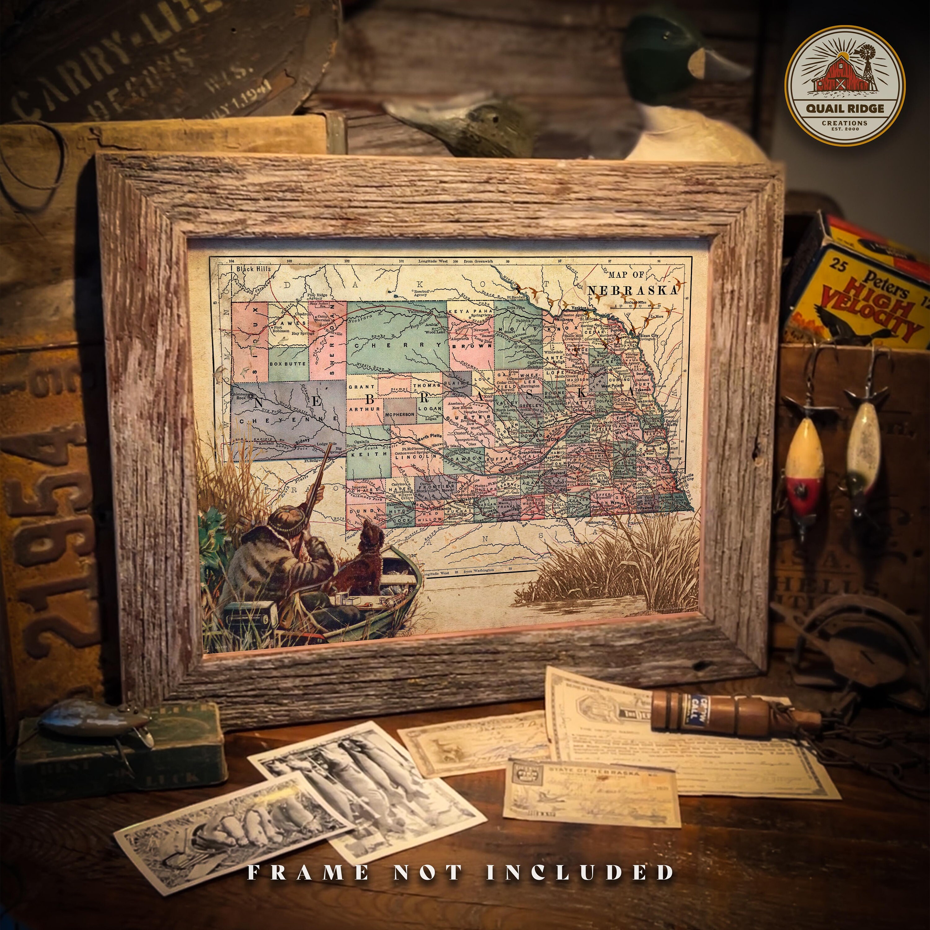 Vintage Nebraska State Map Art Print: Hunting Dog Decor (11x14 Unframed ...