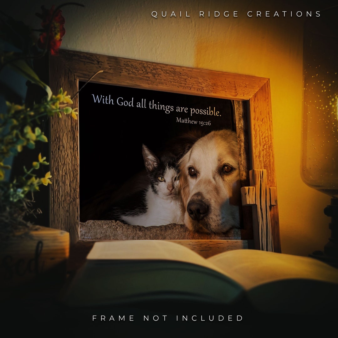 Bible Verse Matthew 19:26 Christian Scripture Dog Cat Art Print 8x10 ...