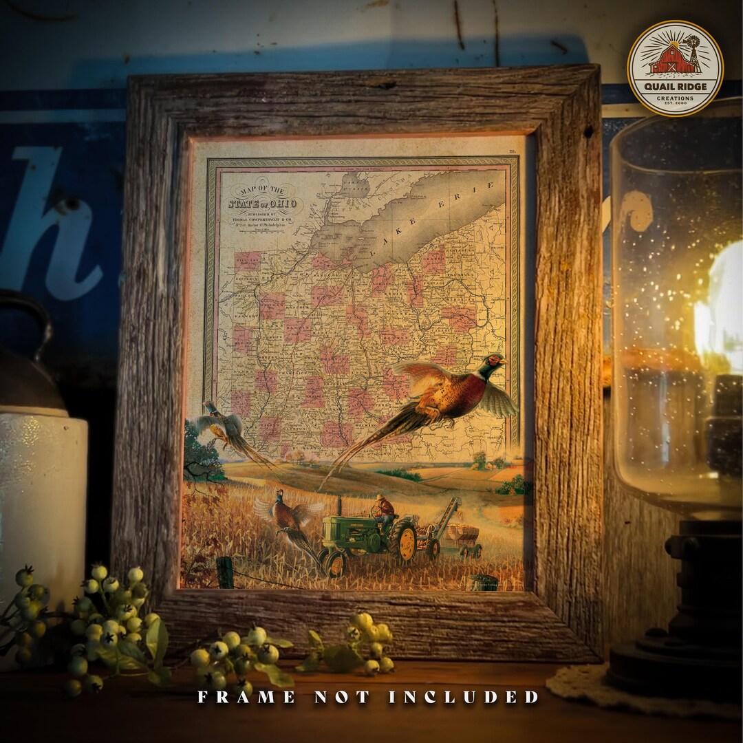Vintage Ohio State Map Art Print: Pheasant Hunting, John Deere Tractor ...