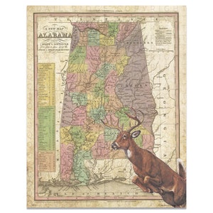 Vintage Alabama State Map Art Print 11X14 Unframed Wildlife Whitetail ...