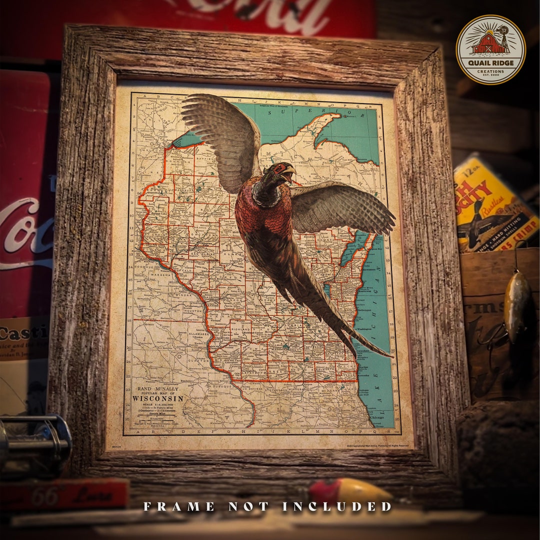 Vintage Wisconsin Map Art Print: Pheasant Hunting, Lake Cabin Decor - Etsy