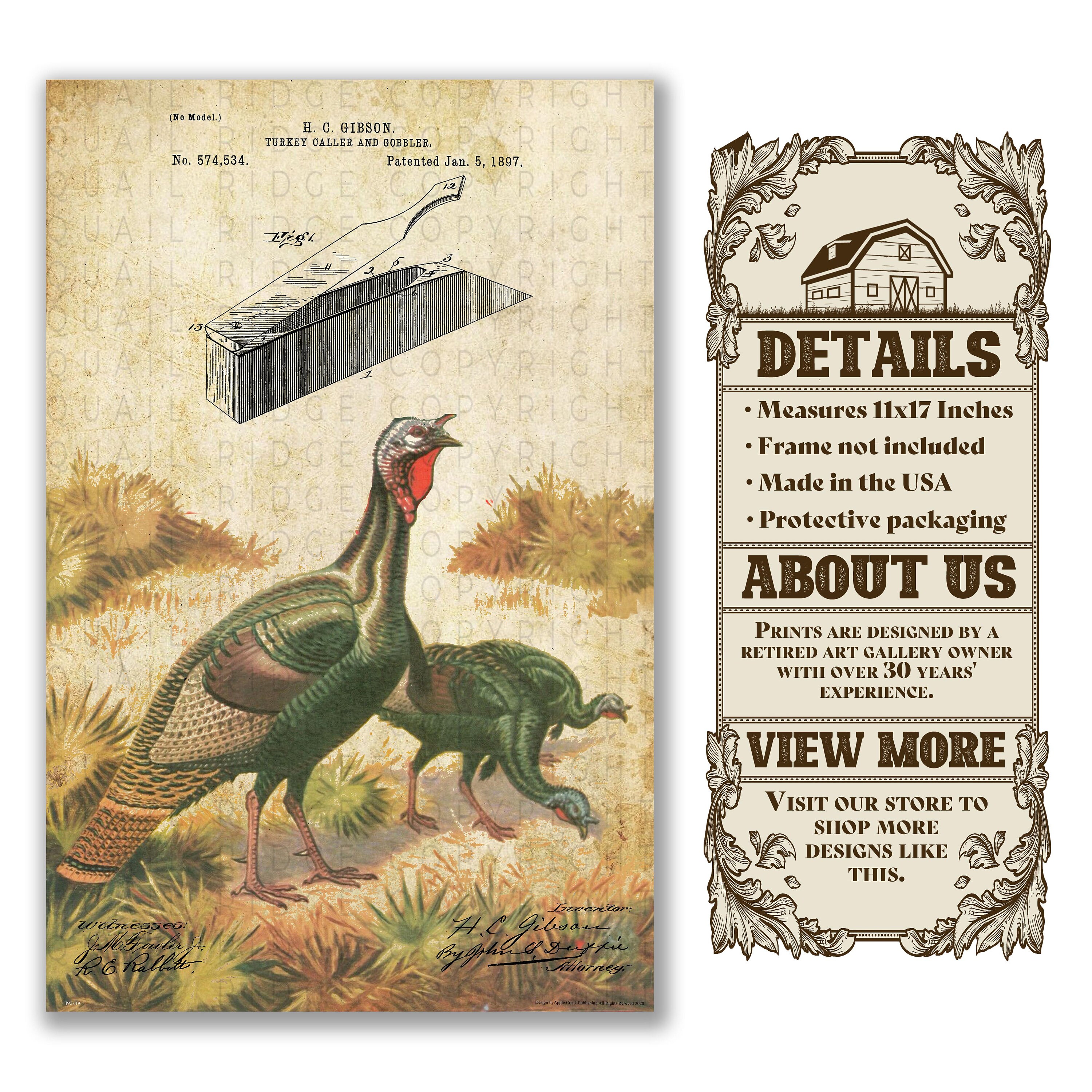 Vintage Wild Turkey Box Call Patent Art Print - Unframed Wildlife Decor ...