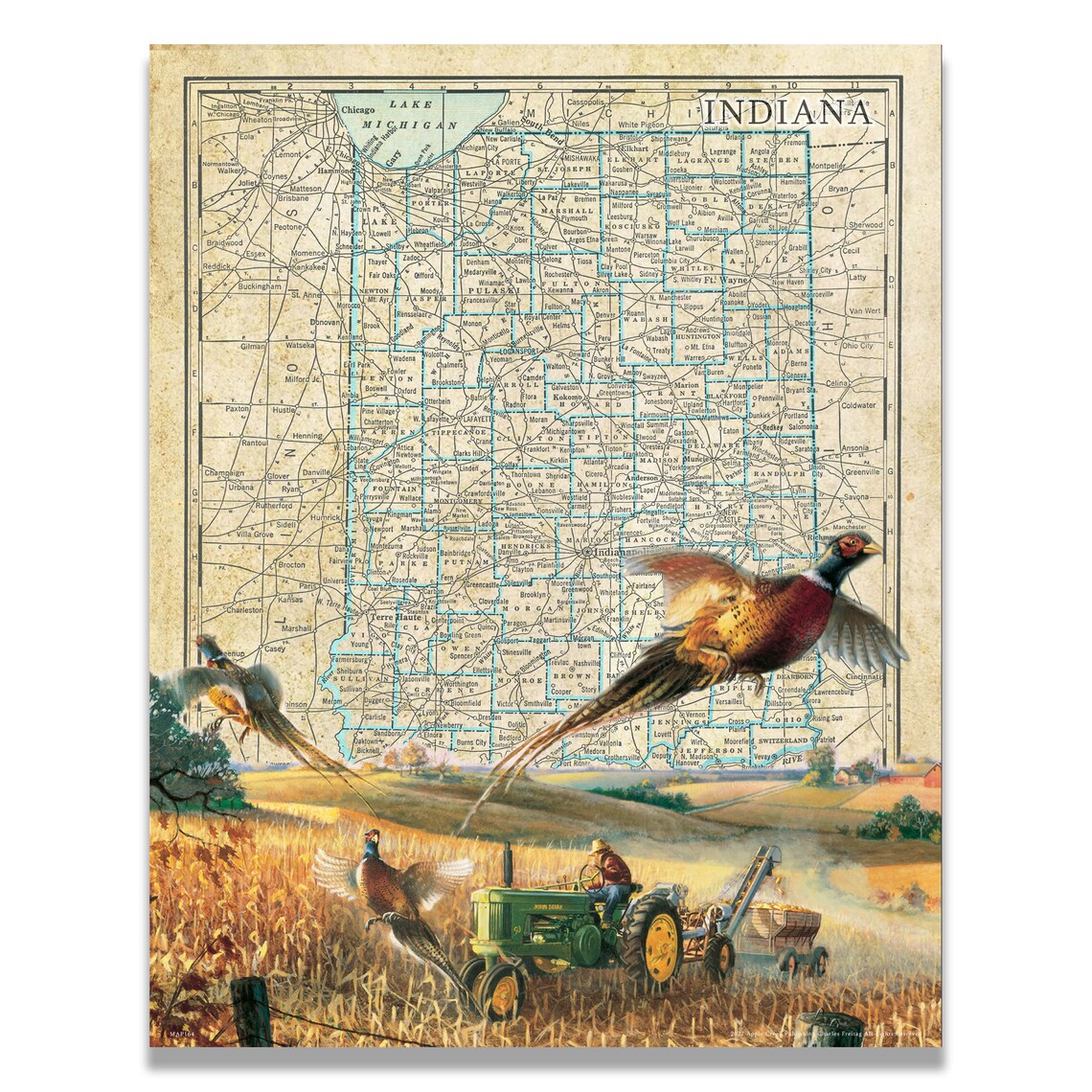 Vintage Indiana State Map Art Print 11X14 Unframed Pheasant - Etsy