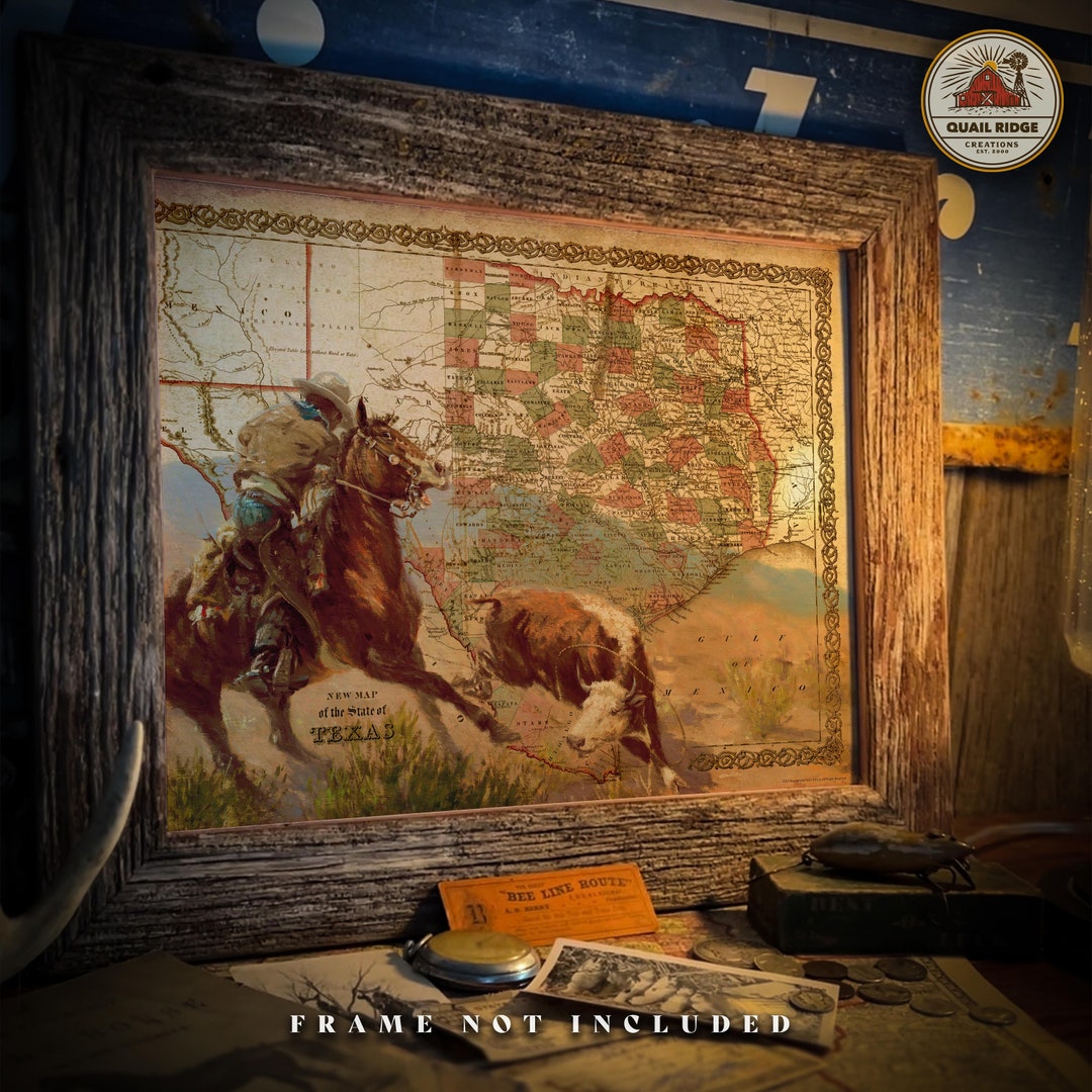 Vintage Texas State Map Poster Art Print 11X14 Unframed Cattle Rancher ...