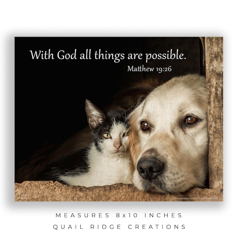 Bible Verse Matthew 19:26 Christian Scripture Dog Cat Art Print 8x10 ...