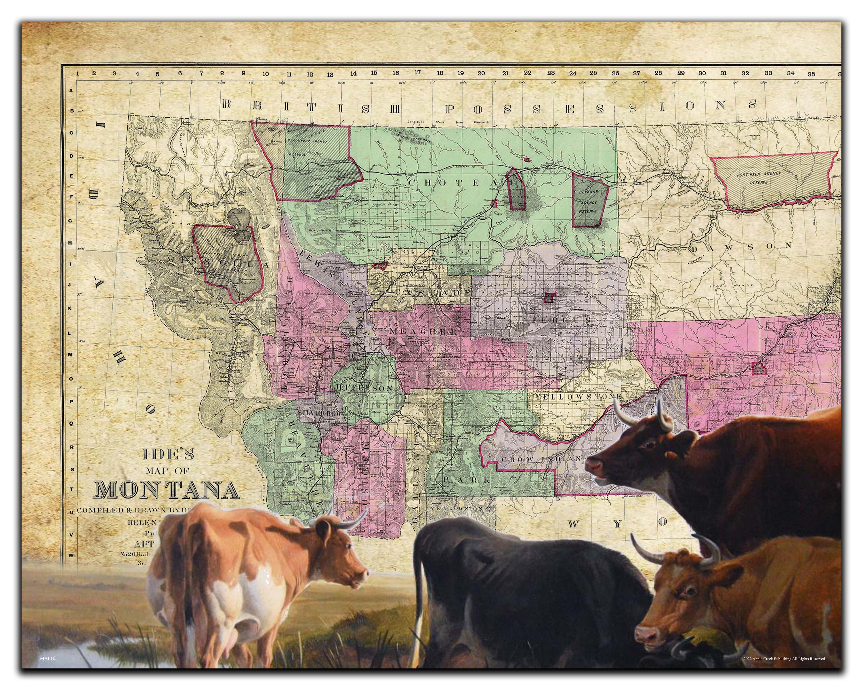 Vintage Montana State Map Art Print 11x14 Unframed Cattle Rancher Rodeo