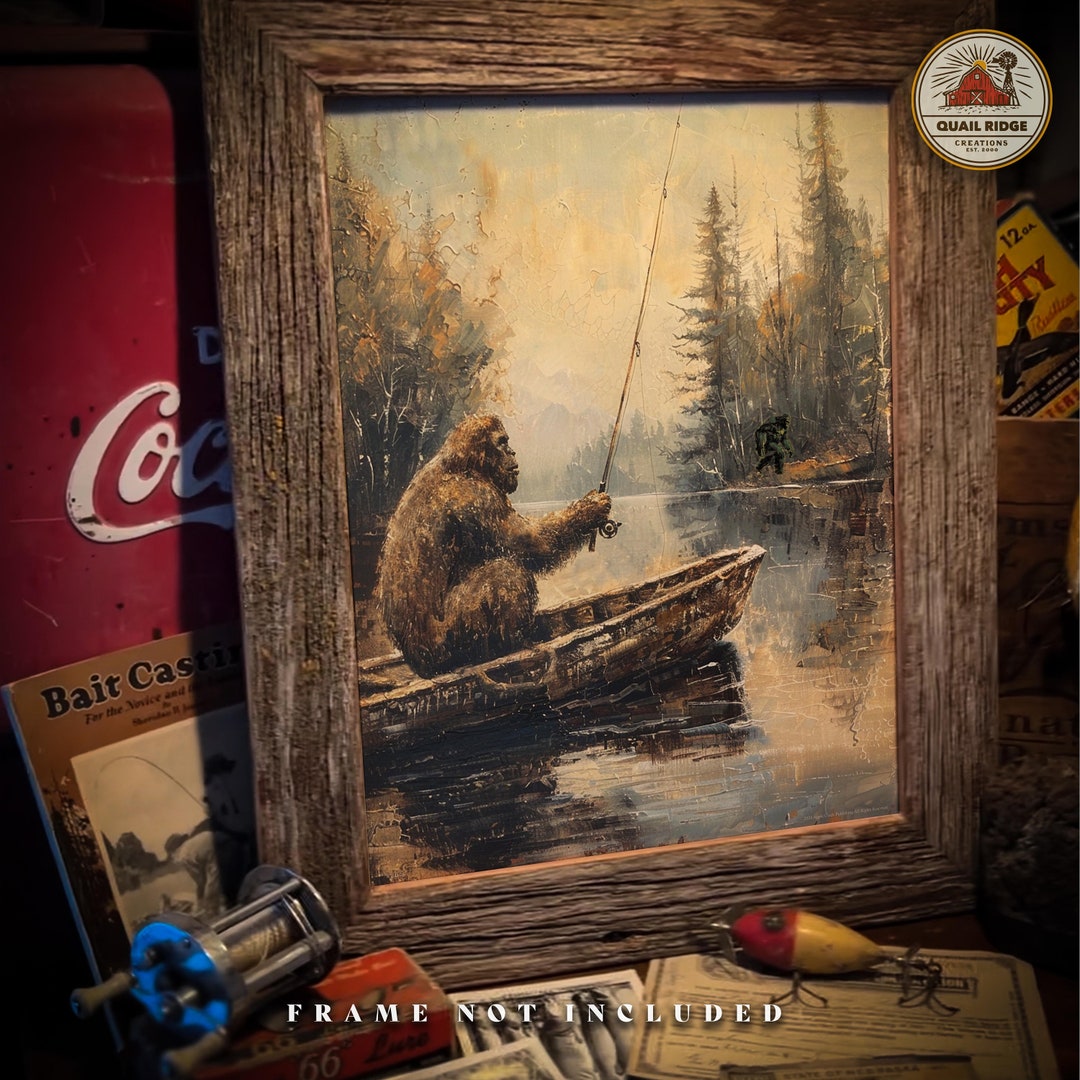 Vintage Bigfoot Art Print: Sasquatch Fly Fishing Cabin Decor (11x14 ...