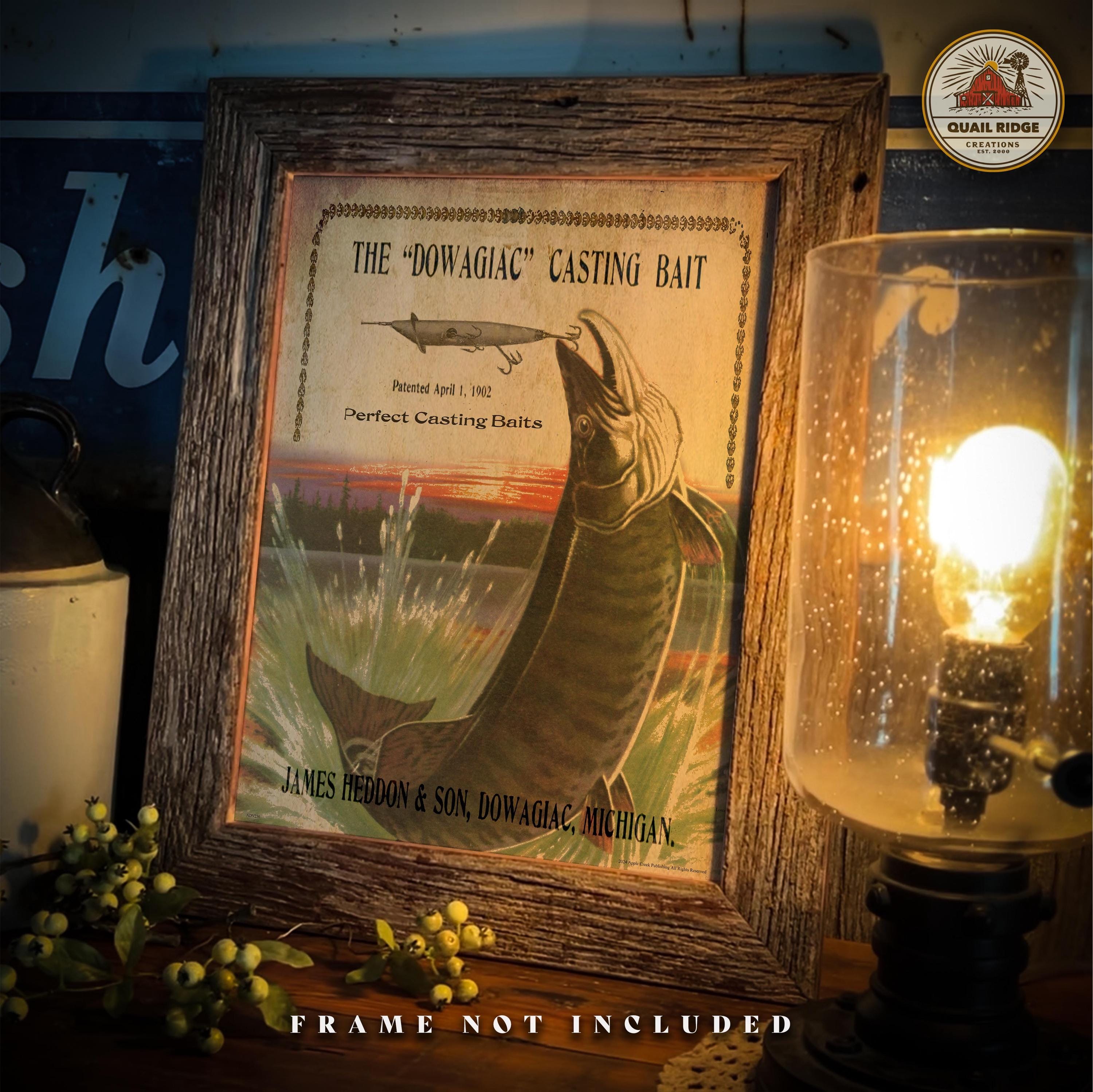 Vintage Muskie Fishing Lure Art Print: Heddon Dowagiac, Cabin Decor ...