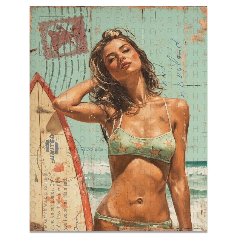 Vintage Surfing Girl Art Print Beach House Wall Decor 11x14 Unframed