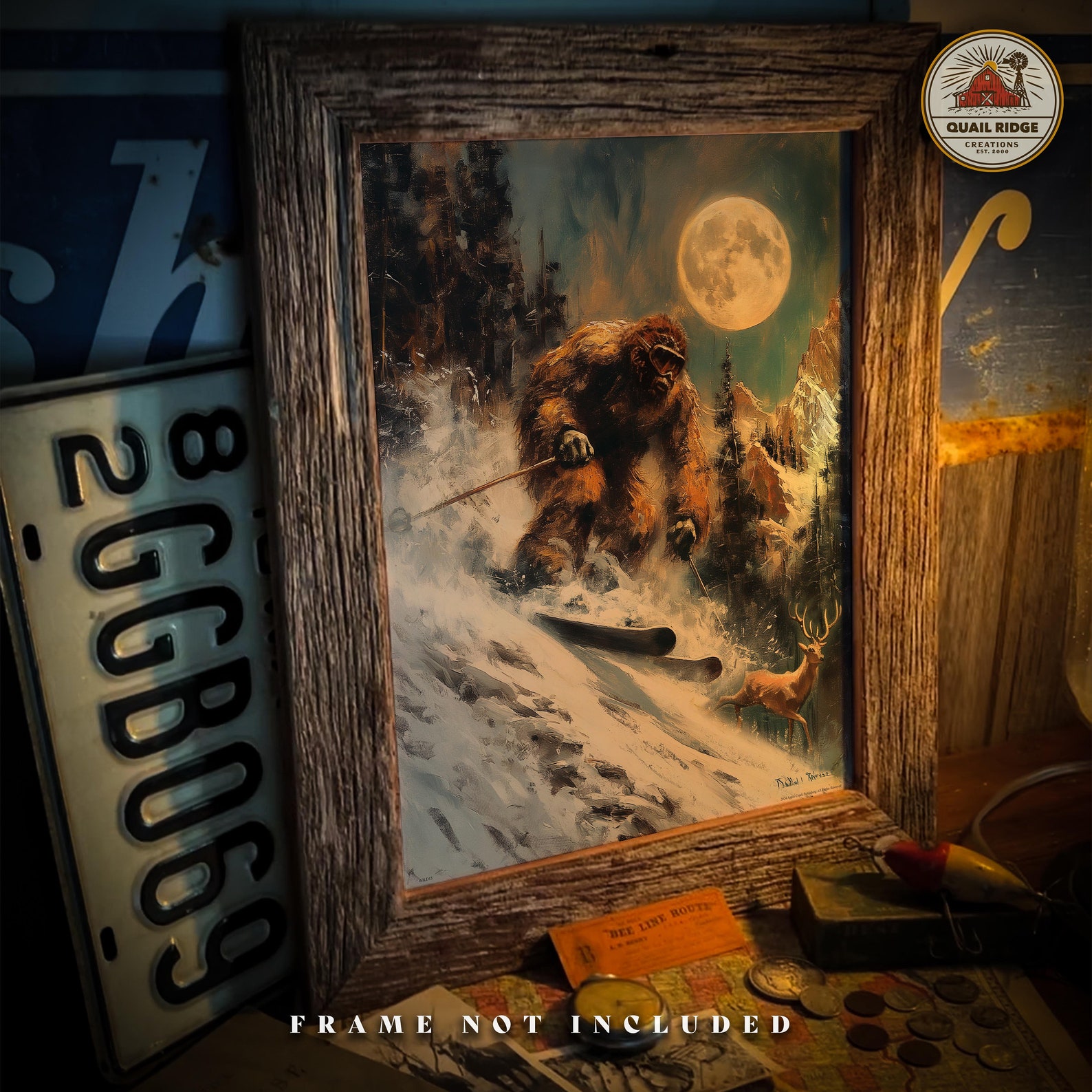 Sasquatch Skiing Art Print: Bigfoot in Snow, Cabin Wall Decor (11x14 ...