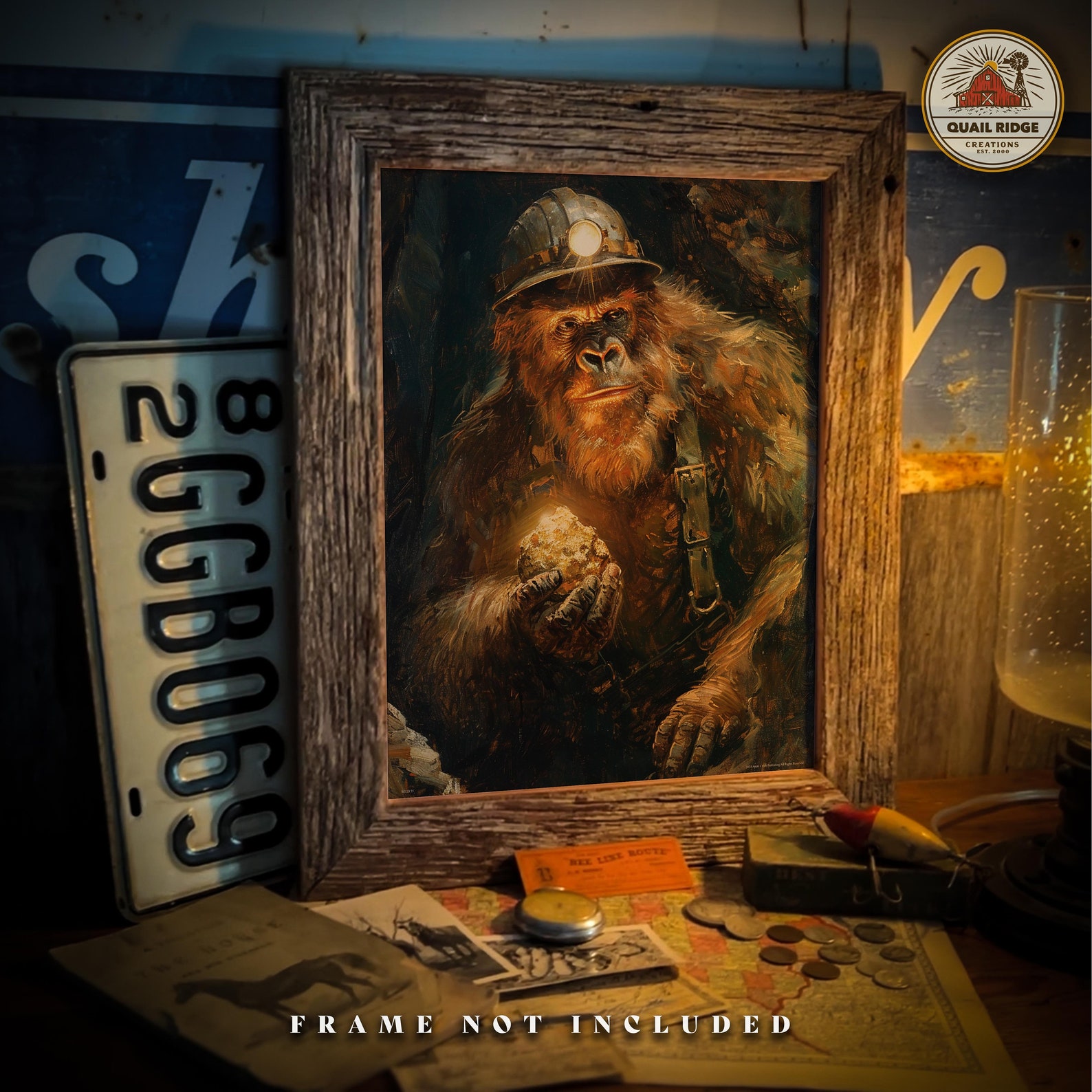 Vintage Bigfoot Gold Miner Art Print: Sasquatch Gold Panning Poster ...