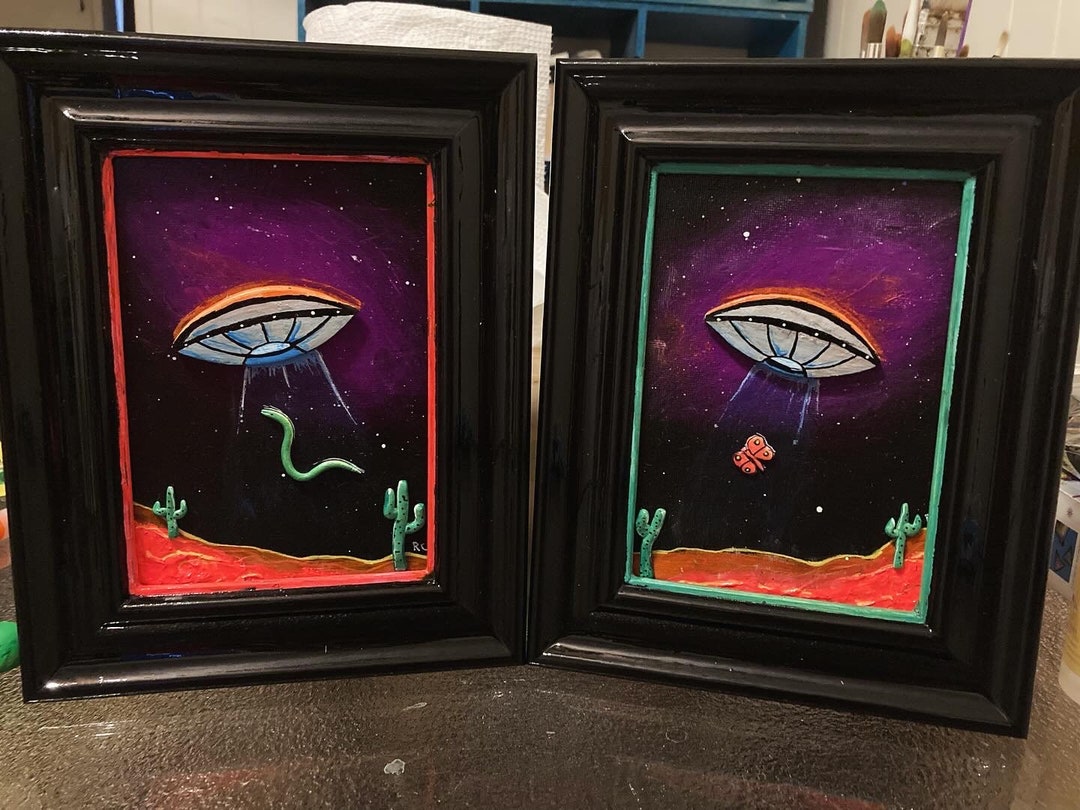 UFO Abduction Acrylic Paintings, Framed Set. Bar Art, Alien Wall Art ...