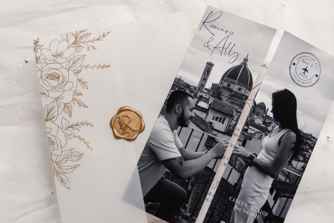 Elegant Destination Wedding Invitation Template: Travel Theme, Floral ...