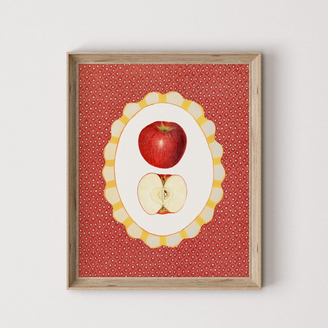 Red Apple Printable Wall Art, Folk Kitchen Fruit Print, Vintage Apple ...