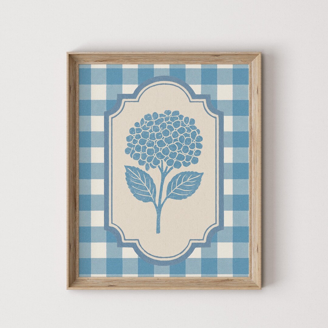 Blue Hydrangea Gingham Wall Art, Coastal Floral Print, Cottagecore ...