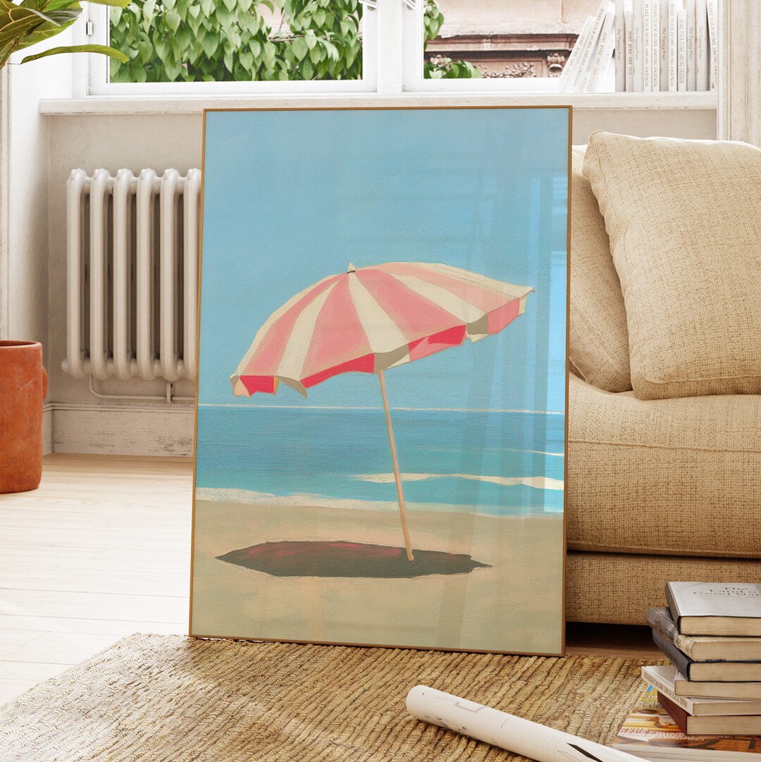 Beachy Wall Art, Beachcore Aesthetic, Coastal Wall Art, Pink Umbrella Print, Trendy Apartment ...