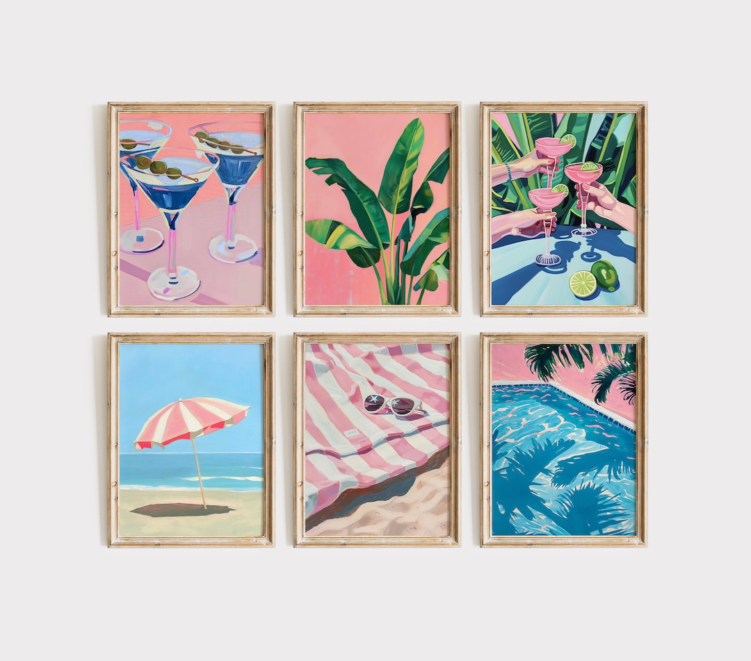 Beachy Wall Art, Beachcore Aesthetic Set of 6, Coastal Wall Art, Pink ...